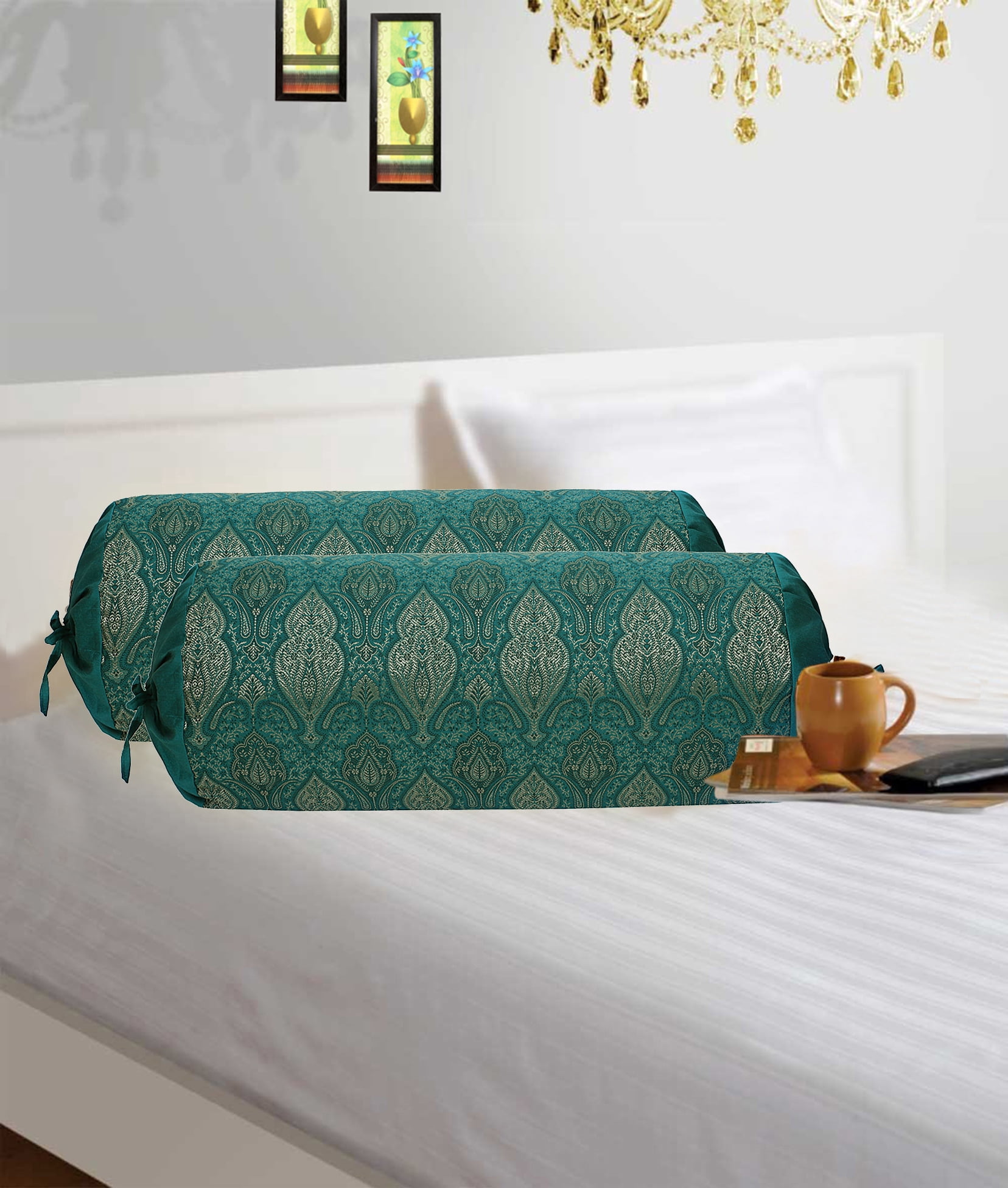 Stylo Culture Ethnic Cylindrical Brocade Bolster Pillow Covers Emerald ...