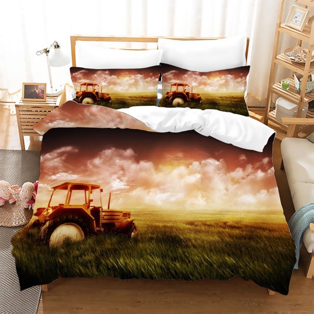 Cartoon Tractor Three-piece Quilt Cover Pillowcase Bed Printing ...