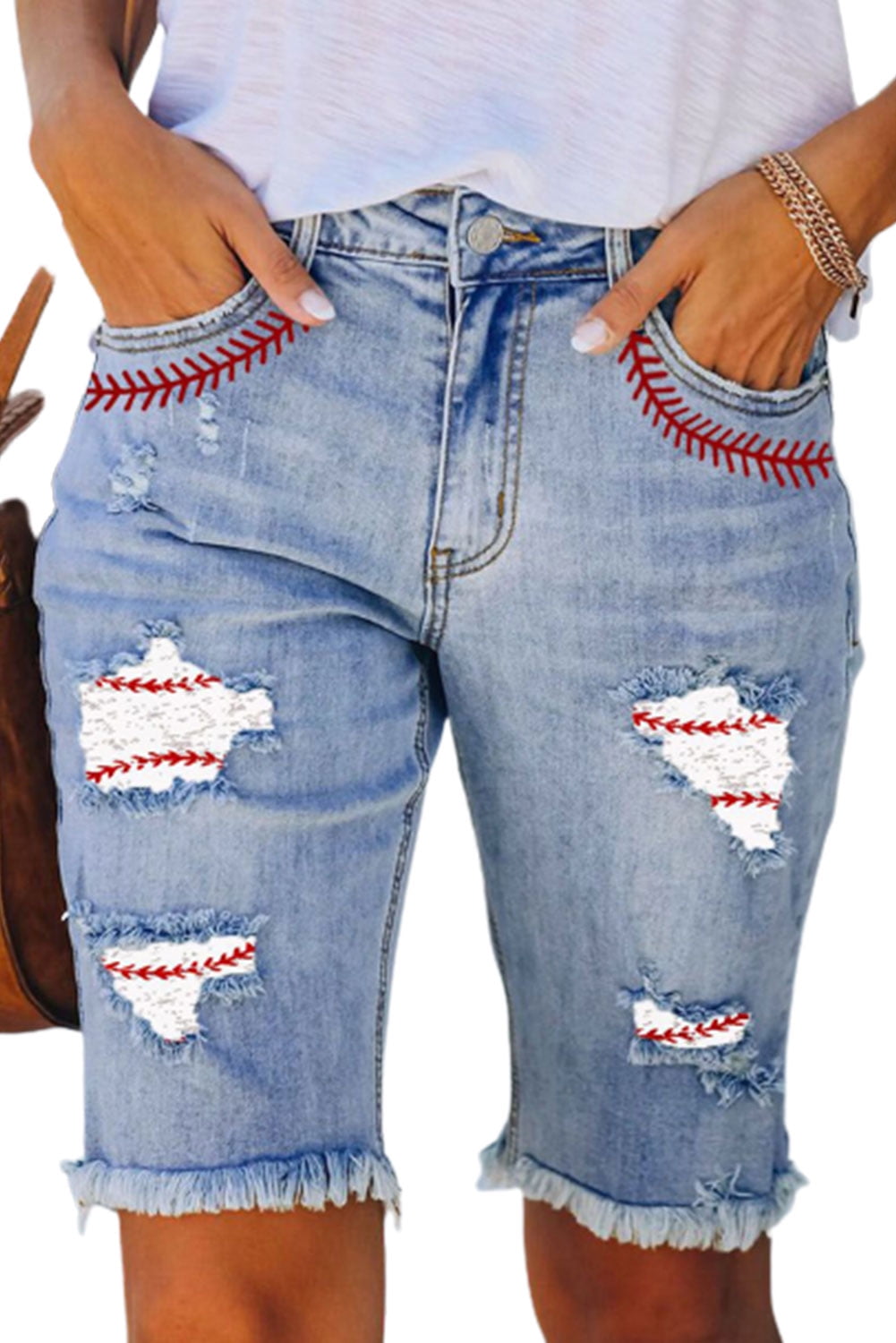 Blibea Jean Shorts for Women Baseball Print Bermuda Mid Rise Zip Fly ...