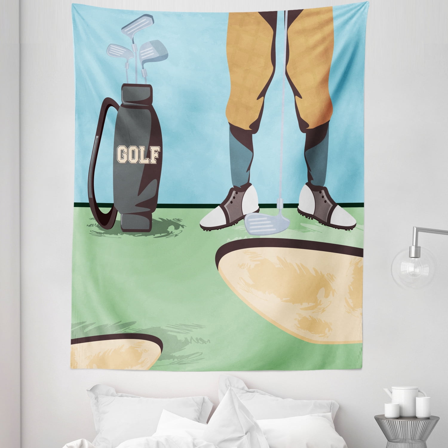 Golf Course Scene Tapestry, Golfer Man Feet with Lofter and Bag Cartoon ...