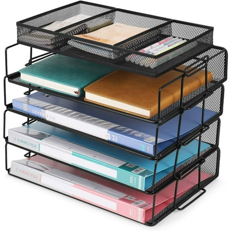 Flexzion Stackable Letter Tray Desk Organizer, 4 Tier Mesh Desktop File ...