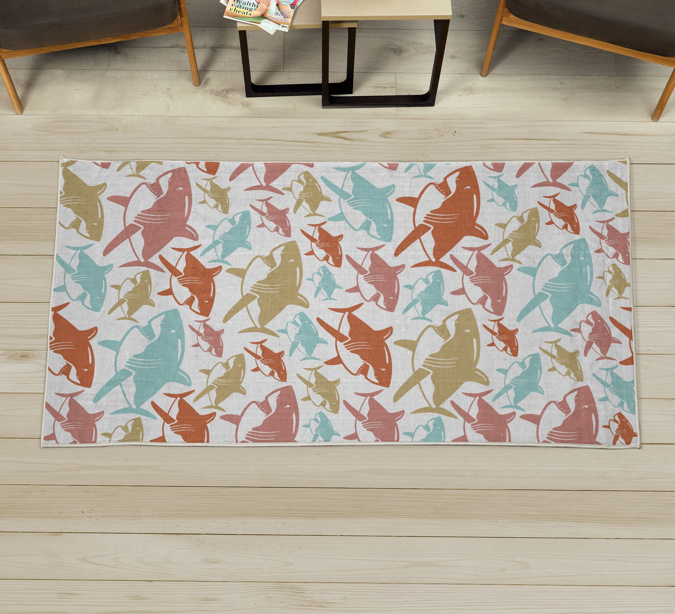 Shark Decorative Rug, Colorful Underwater Fish Pattern Masters Survival ...