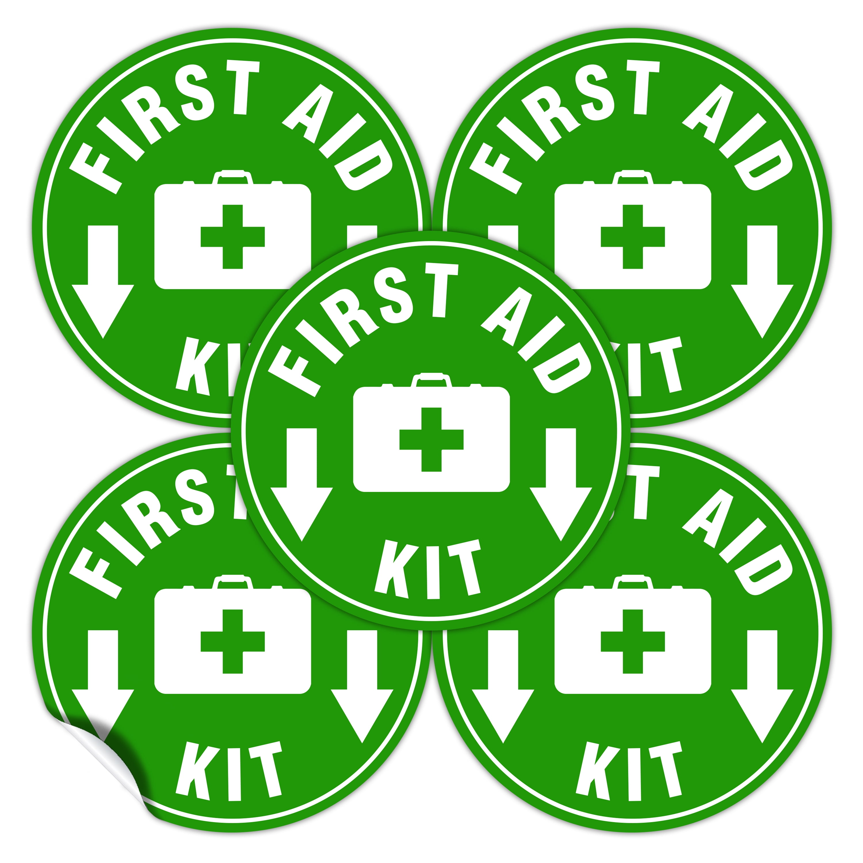 (Set of 5) Green First Aid Kit Sign Sticker | 4.5" Circle | Durable ...
