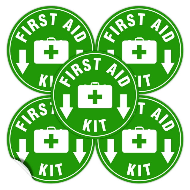 (Set of 5) Green First Aid Kit Sign Sticker | 4.5" Circle | Durable ...