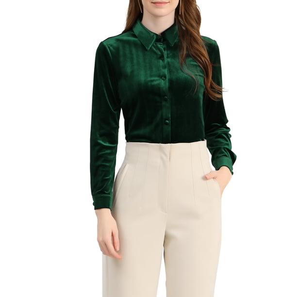 Allegra K Women's Work Button Up Point Collar Long Sleeve Velvet Blouse ...