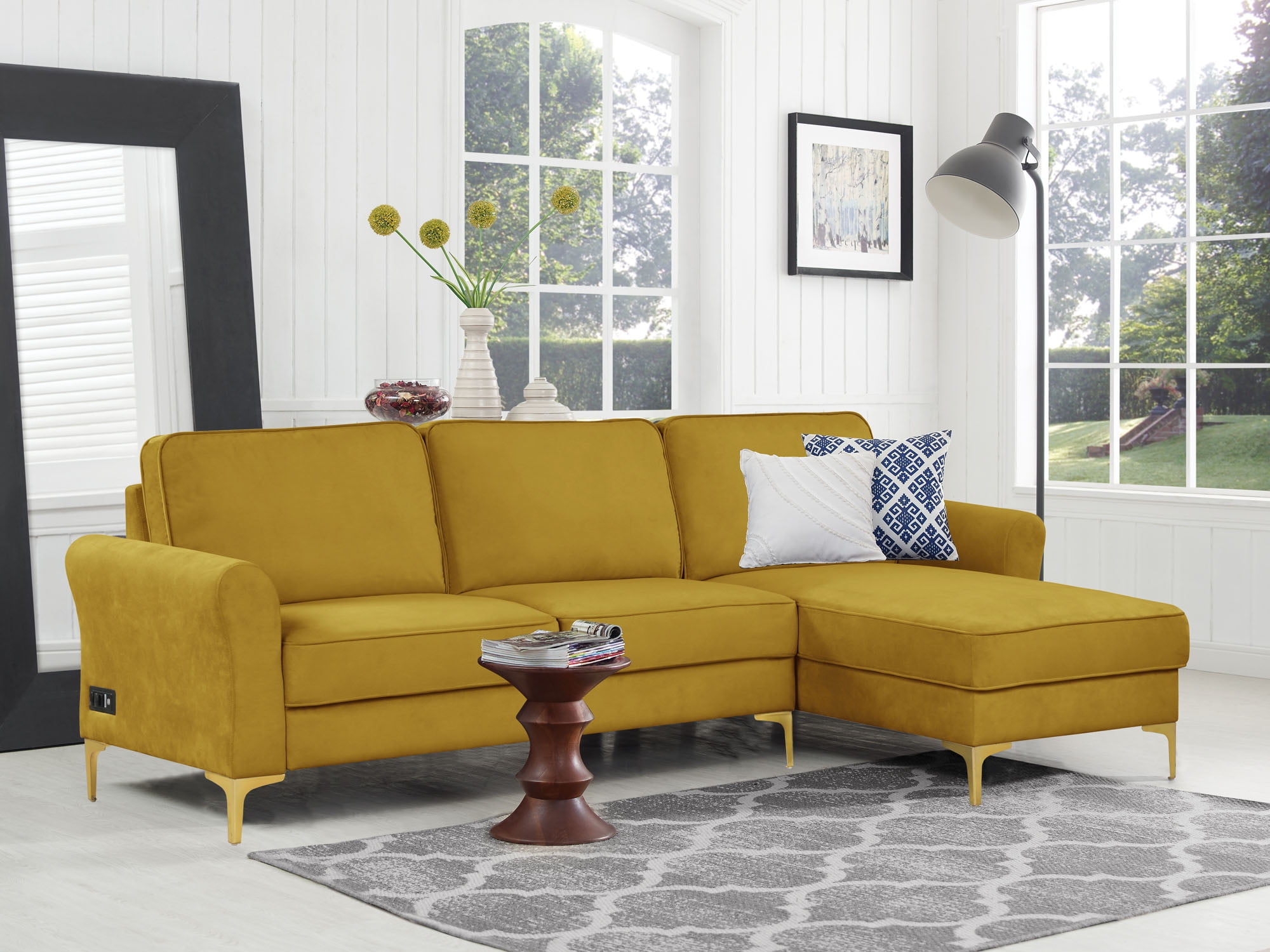 Ember Interiors Lancer Sectional Loveseat and Chaise, Yellow Velvet ...