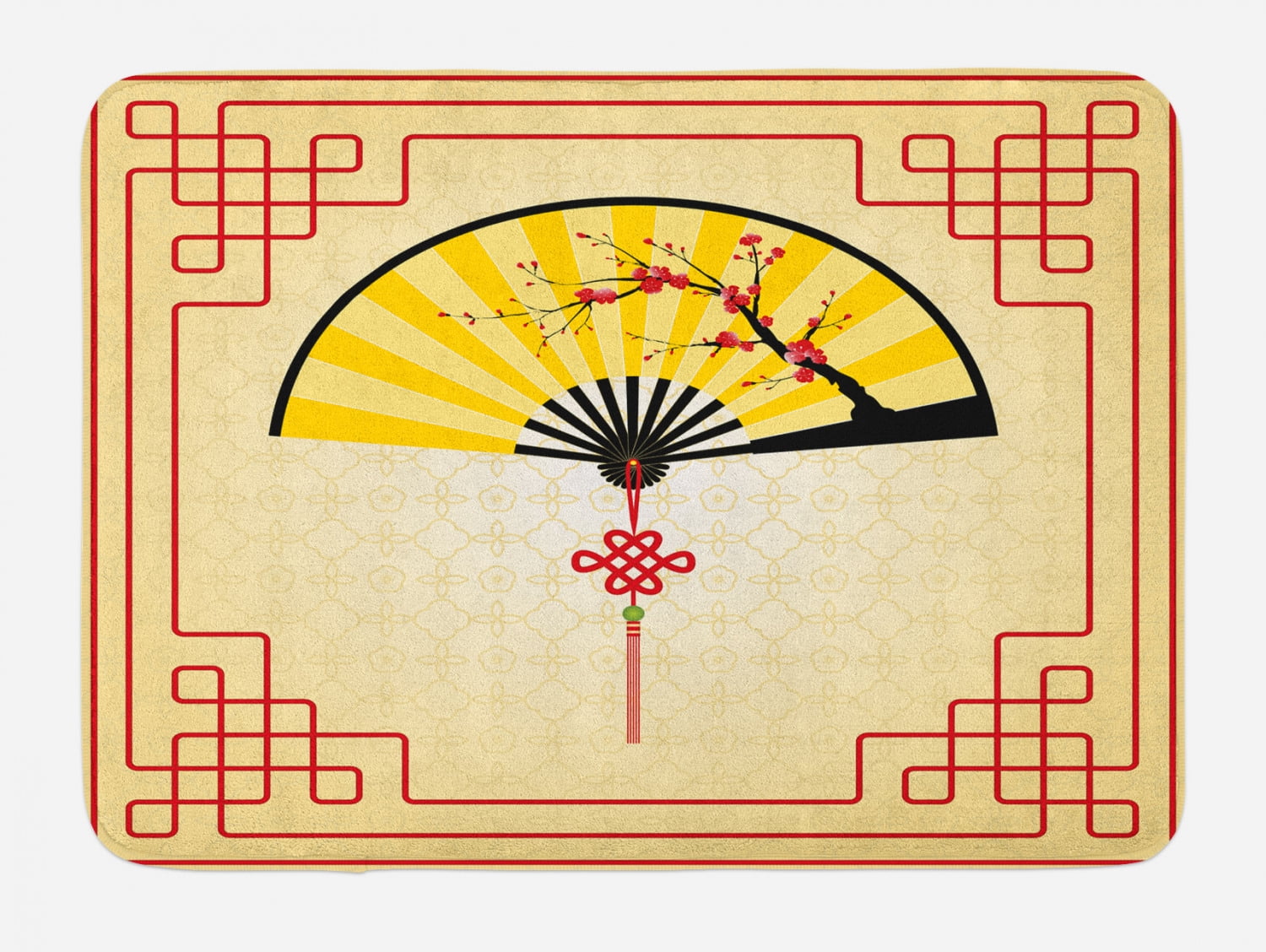 Asian Bath Mat, Japanese Culture Hand Fan with Cherry Blossom and ...