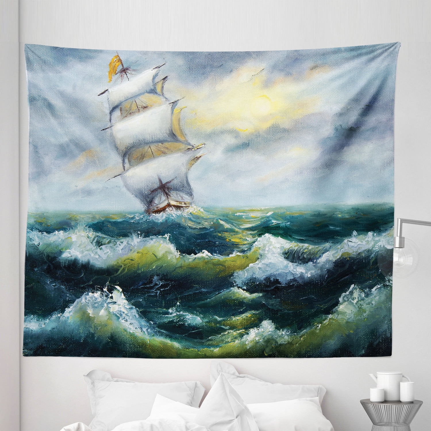 Beach Tapestry, Sailing Ship Vintage Waving Stormy Sea and Cloudy Sky ...