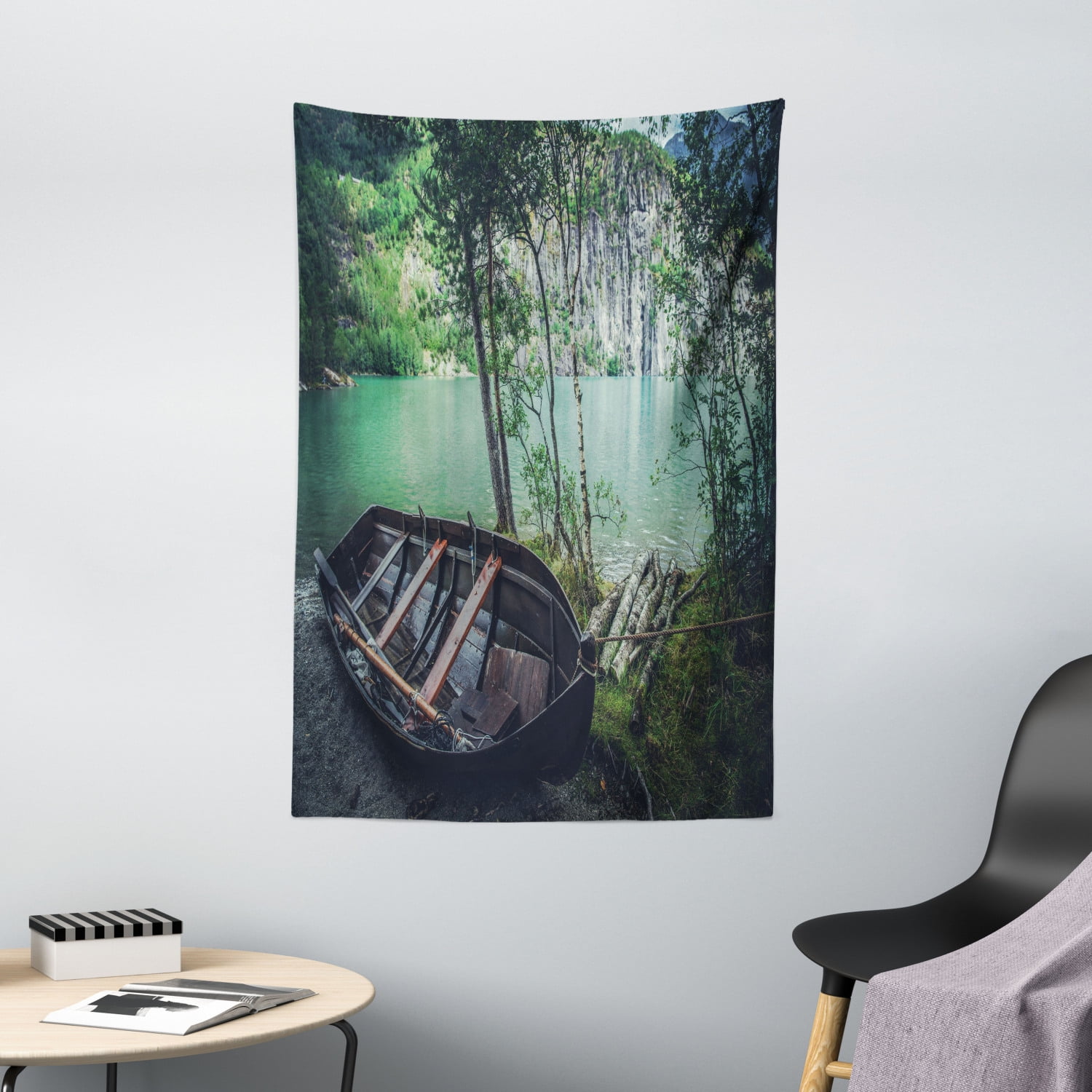 Fishing Theme Tapestry, Natural View with Forest and Wooden Boat on the ...
