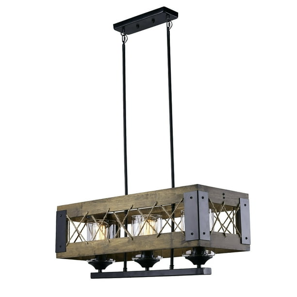LNC 3-Lights Farmhouse Distressed Brown Wood Clear Glass Linear ...