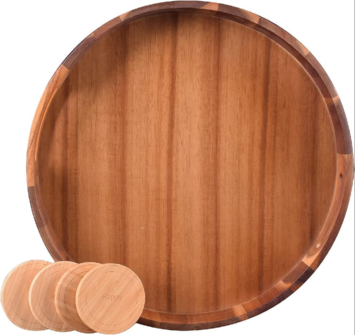 Large Round Wood Serving Tray, Wooden Trays with Handles for Ottoman ...