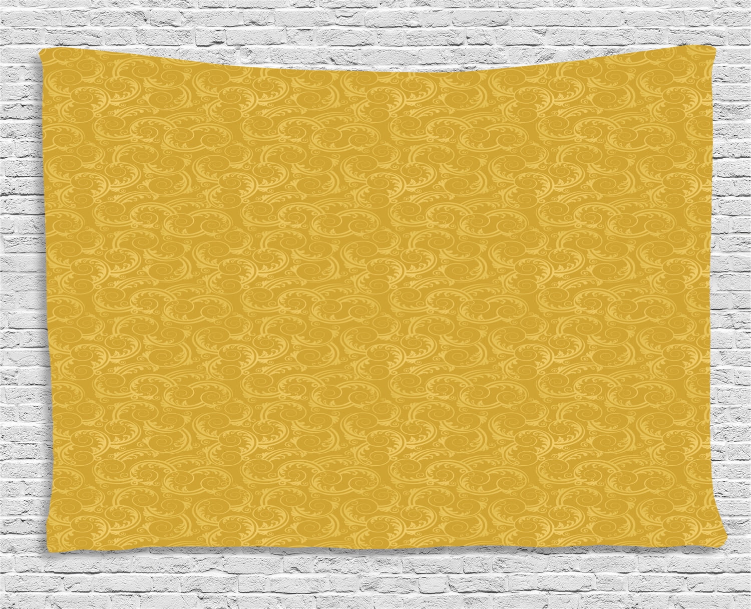 Yellow Damask Tapestry, Silhouette Swirls and Leaves Background ...