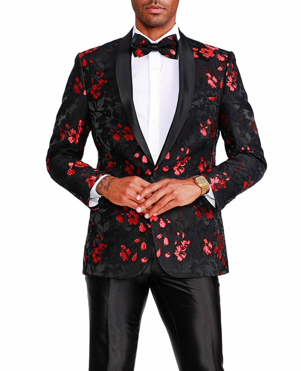 TZ Men's Premium Prom Shiny Floral Satin Shawl Collar Jacket, Red/Black ...