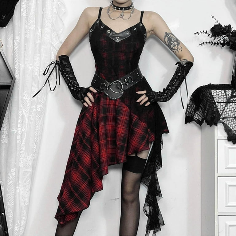 DVKOVI Womens Gothic Plaid Mini Dress Vintage Dress Punk Dress High Empire Waist Lace Dresses Y2K Emo Dress V Neck Sleeveless Camisole Handkerchief Dress Red XS Walmart