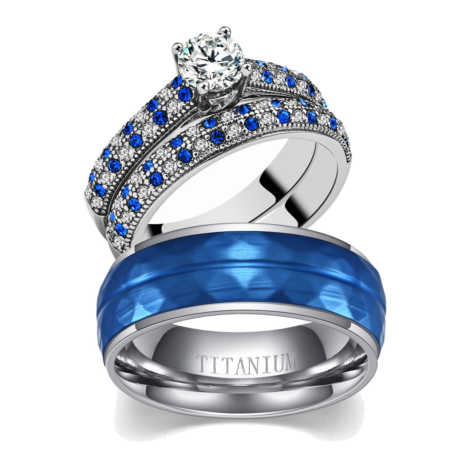 His and Hers Wedding Ring Sets Couples Rings Sterling Silver Blue cz ...