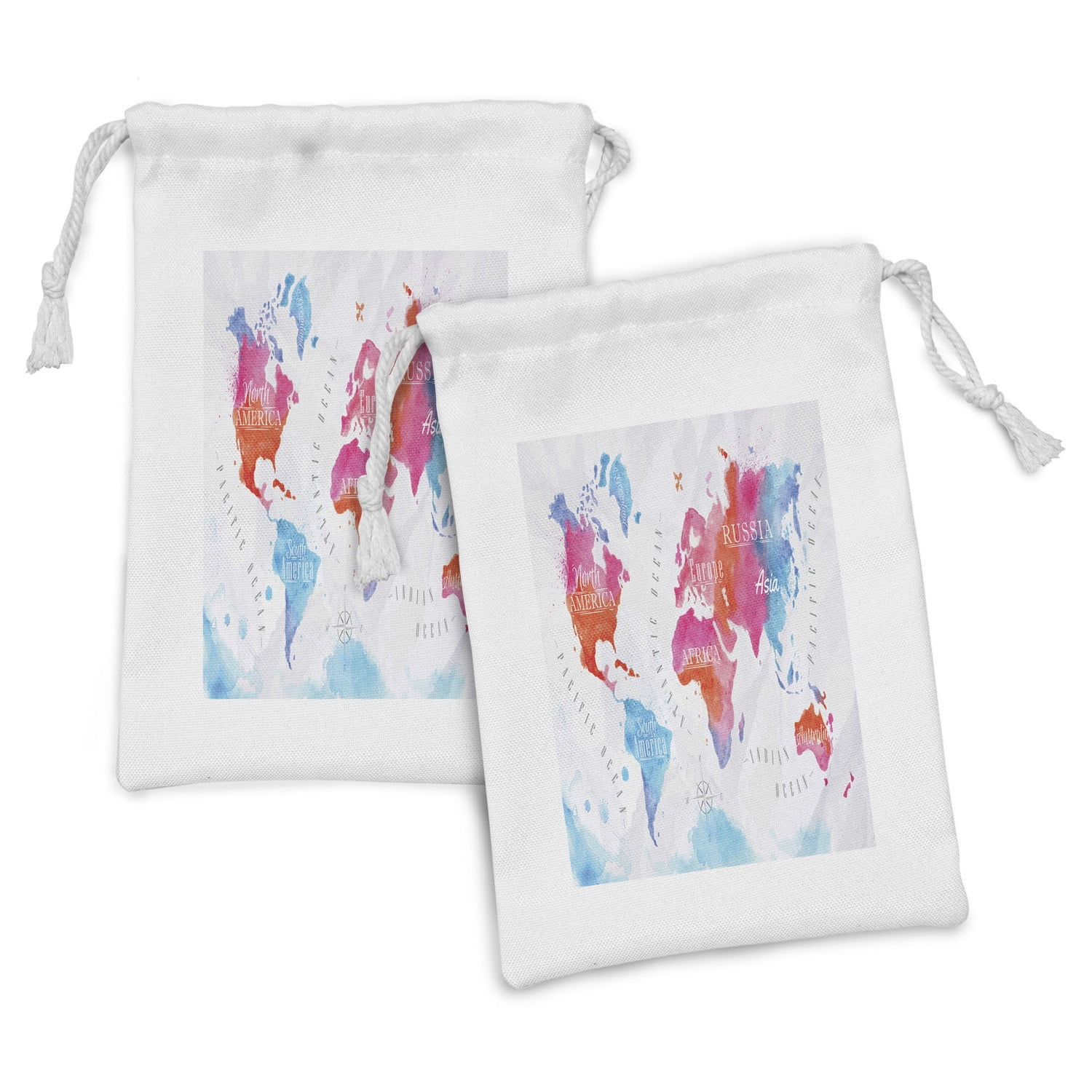 Geography Fabric Pouch Set of 2, Watercolored World Map Continent and ...