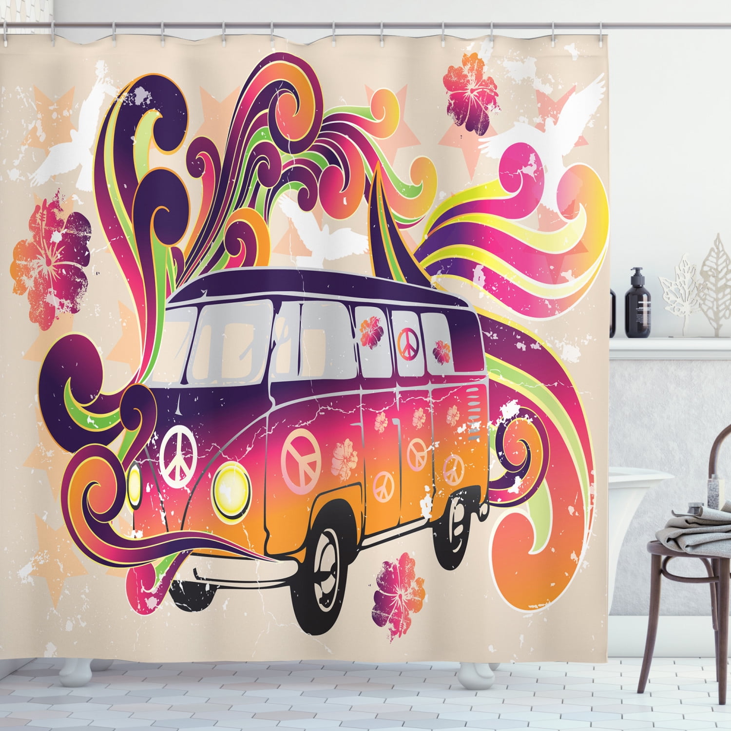 Boho Shower Curtain, Peace Symbol Van Funny Minivan Explorer Caravan ...