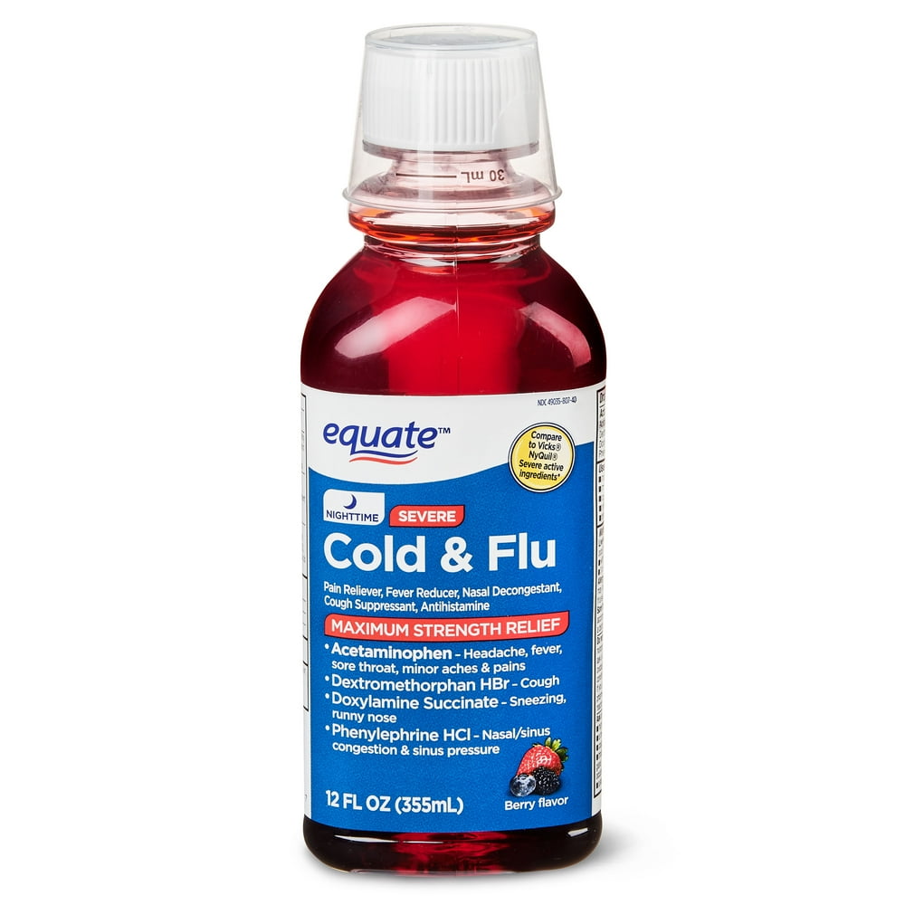 Equate Maximum Strength Nighttime Severe Cold and Flu, Berry Flavor, 12 ...