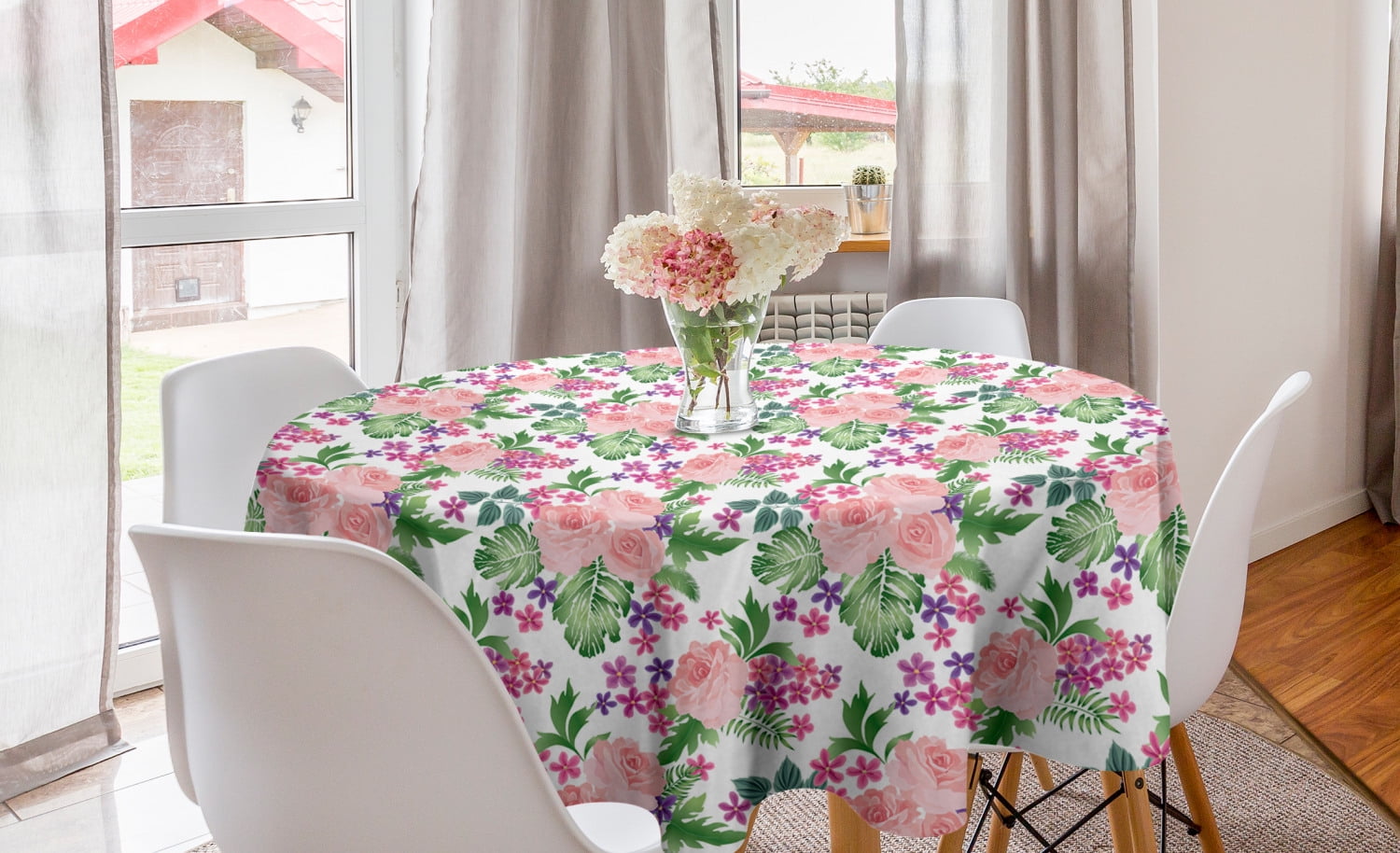 Rose Round Tablecloth, Pastel Blooms Summer Garden Leaves Revival ...