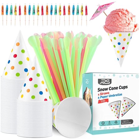 300 Summer Snow Cone Cups and Spoon Straws Polka Dot Paper Cone Cups ...