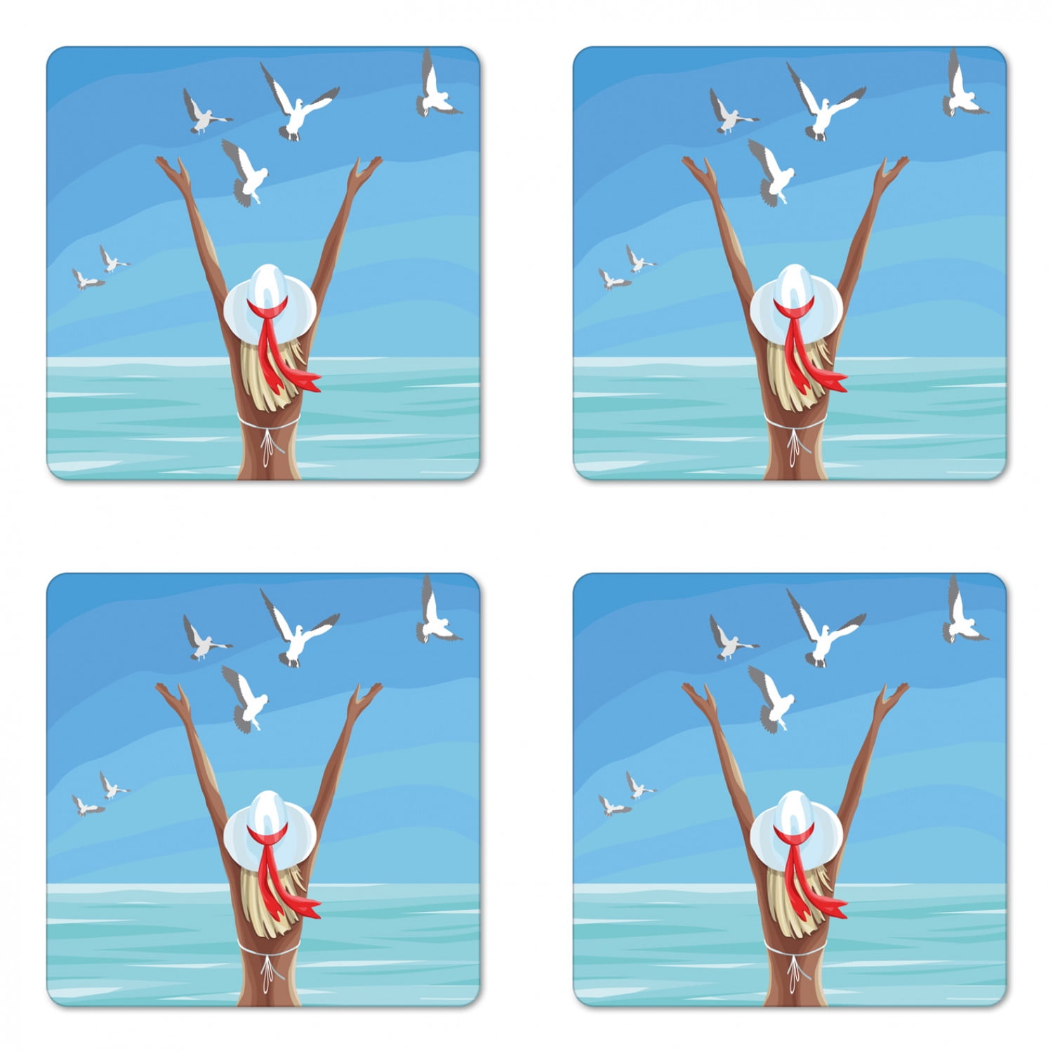 Summer Coaster Set of 4, Back View of a Girl in a Swimsuit Enjoying the ...