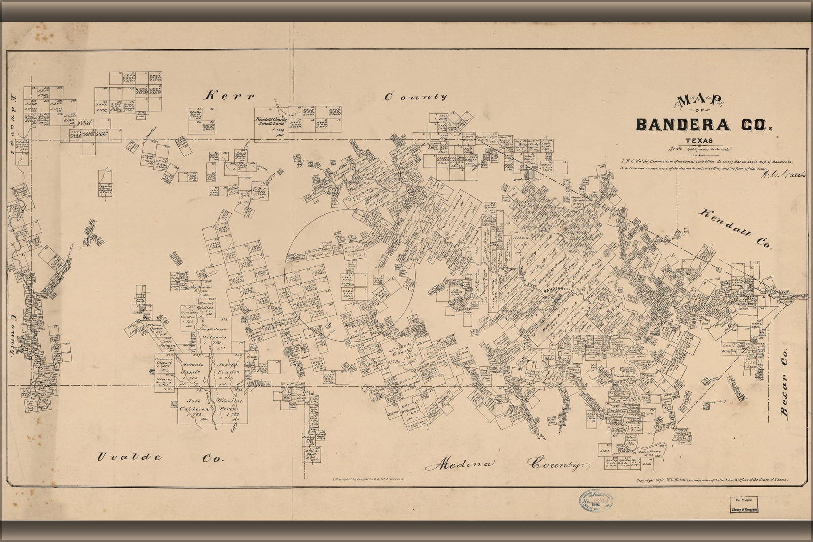 24"x36" Gallery Poster, Map of Bandera County, Texas 1879 - Walmart.com