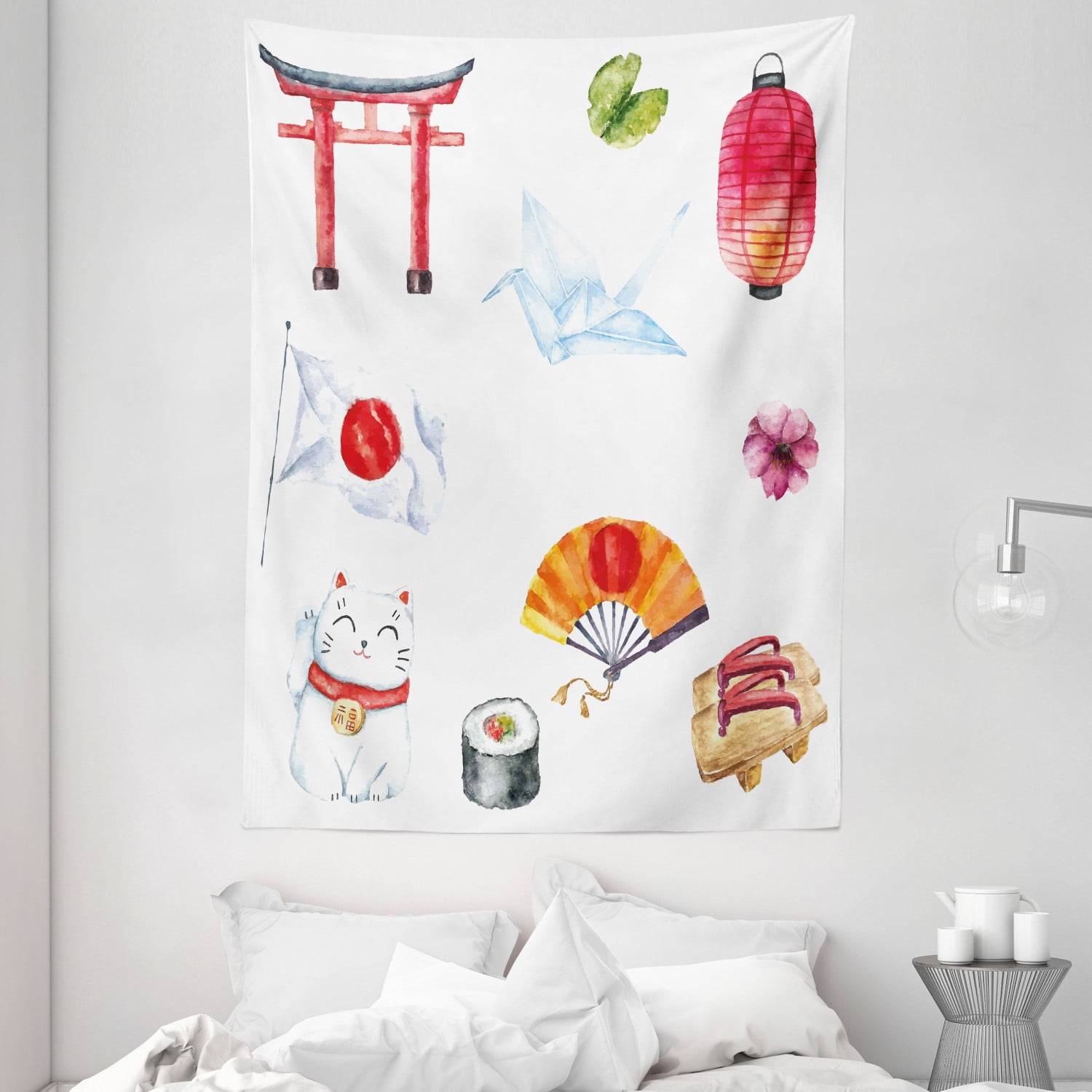 Japanese Tapestry, Hand Drawn Traditional Elements Watercolors Torii ...