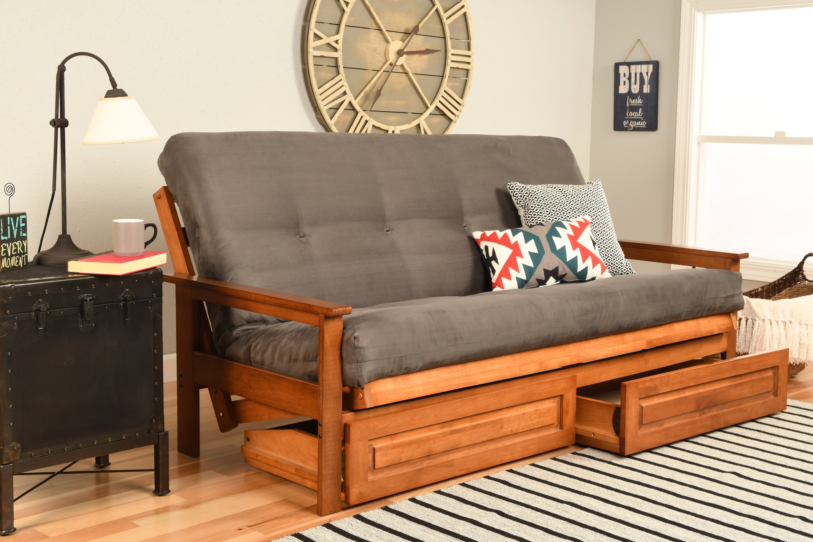 Albany Futon with storage in Barbados Finish, Multiple Suede Colors ...