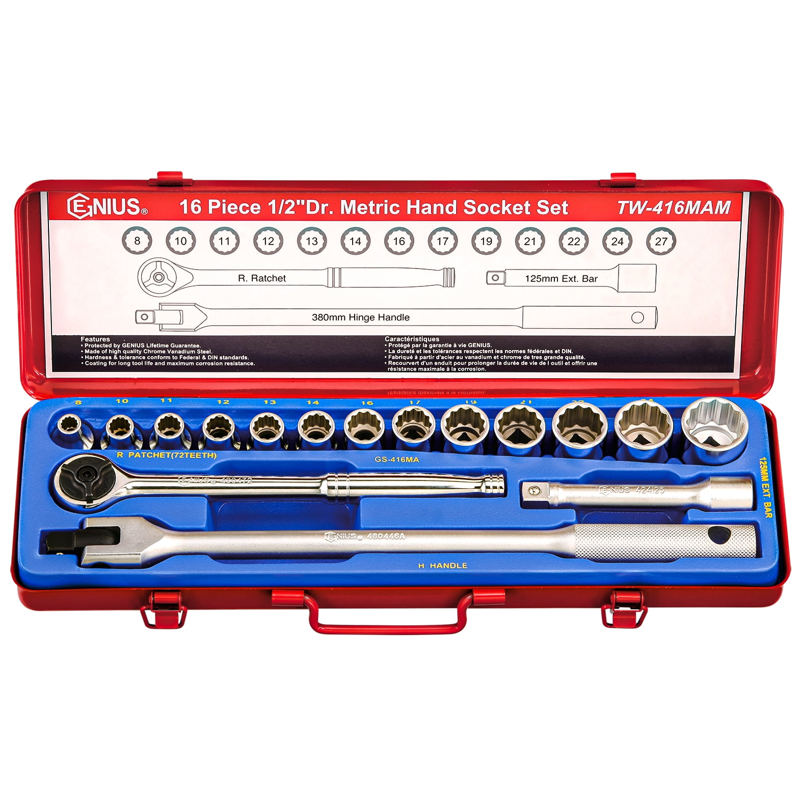 Genius Tools 16 Piece 1/2" Dr. Metric Hand Socket Set (12-Point) - TW ...