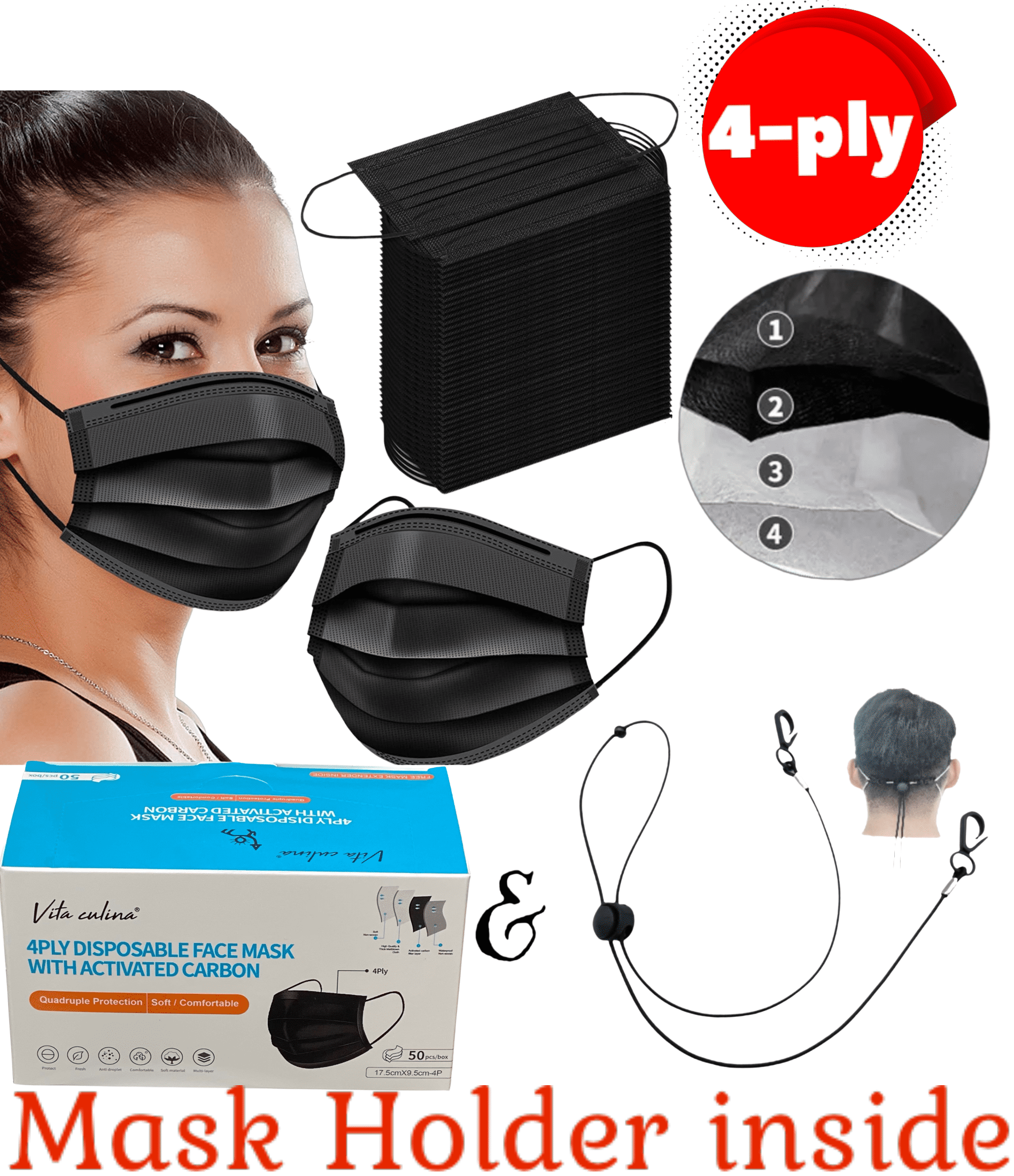 Cartongo Black Disposable Face Masks with Lanyard, Comfortable Ear ...