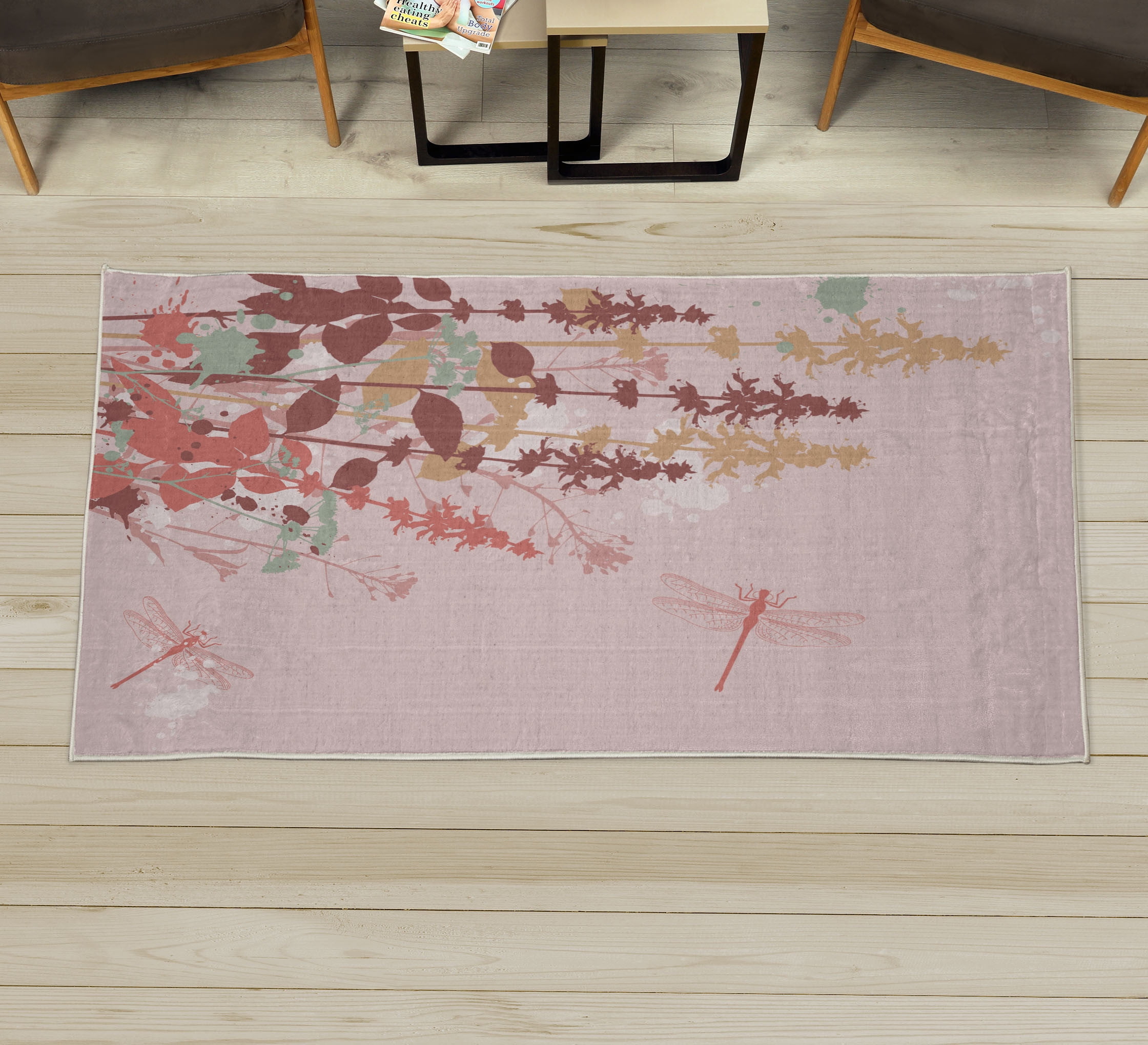 Dragonfly Decorative Rug, Nature Plants Grass with Wildflowers with ...