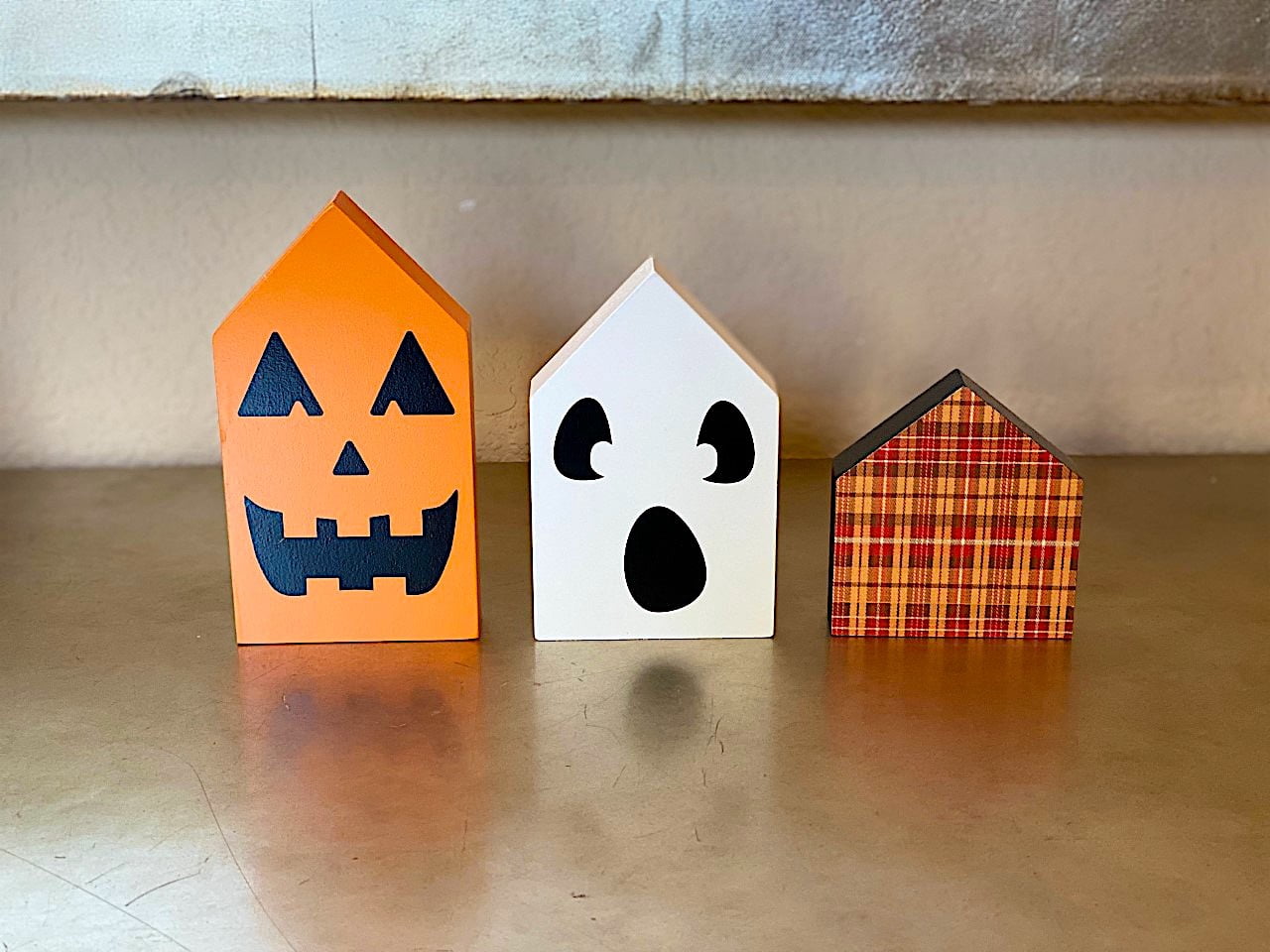 Halloween House Wood Blocks Ghost Pumpkin Plaid S/3 Tabletop Desk ...