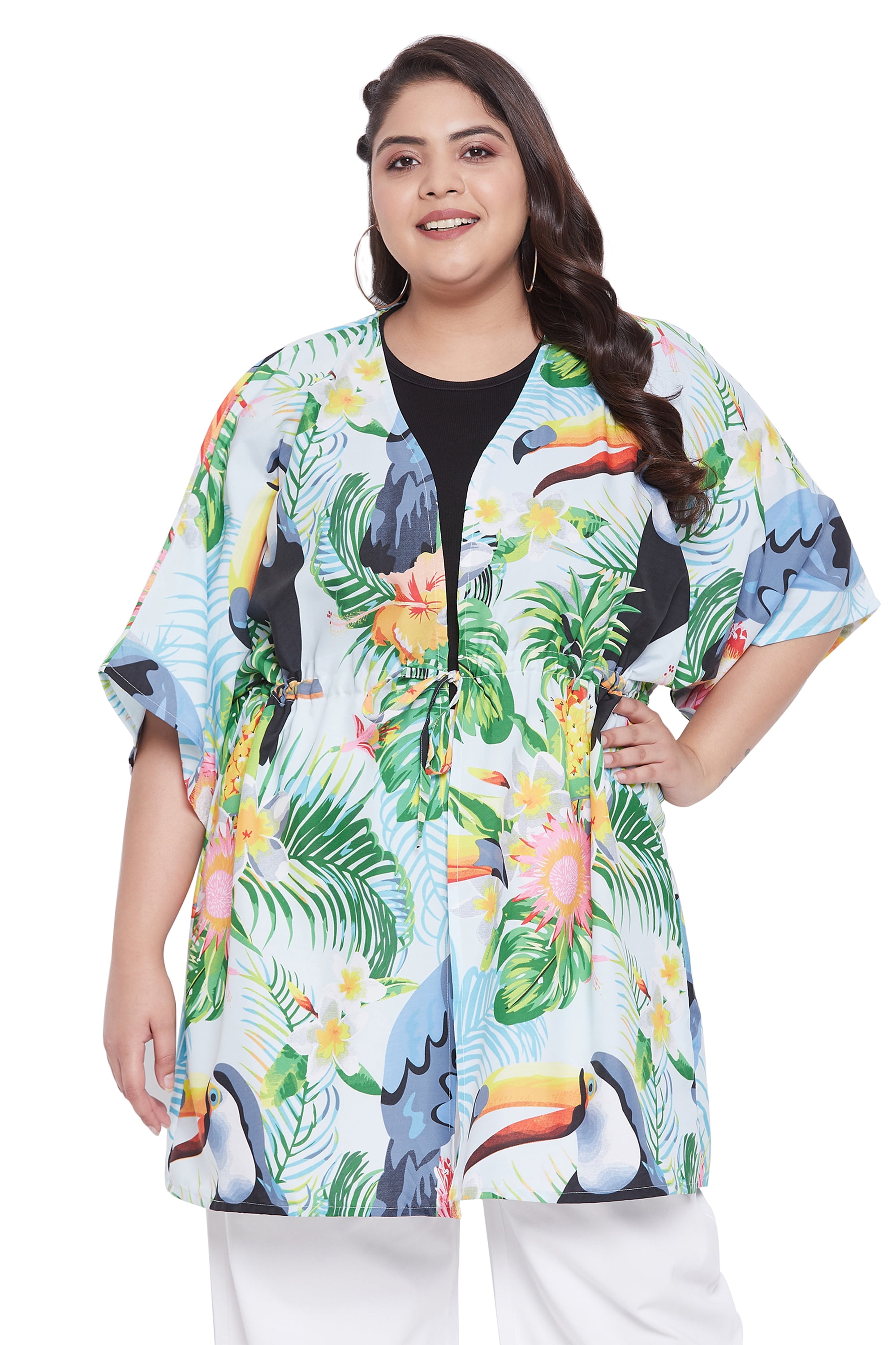 Women's Kimono Beach Cover-up Floral Print Drawstring Open Front Loose ...