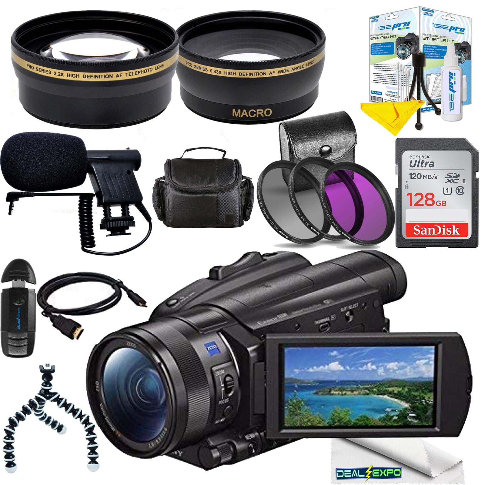 Sony FDR-AX700 4K Camcorder FDR-AX700/B + + 128GB SDXC Card + 62mm 3 ...