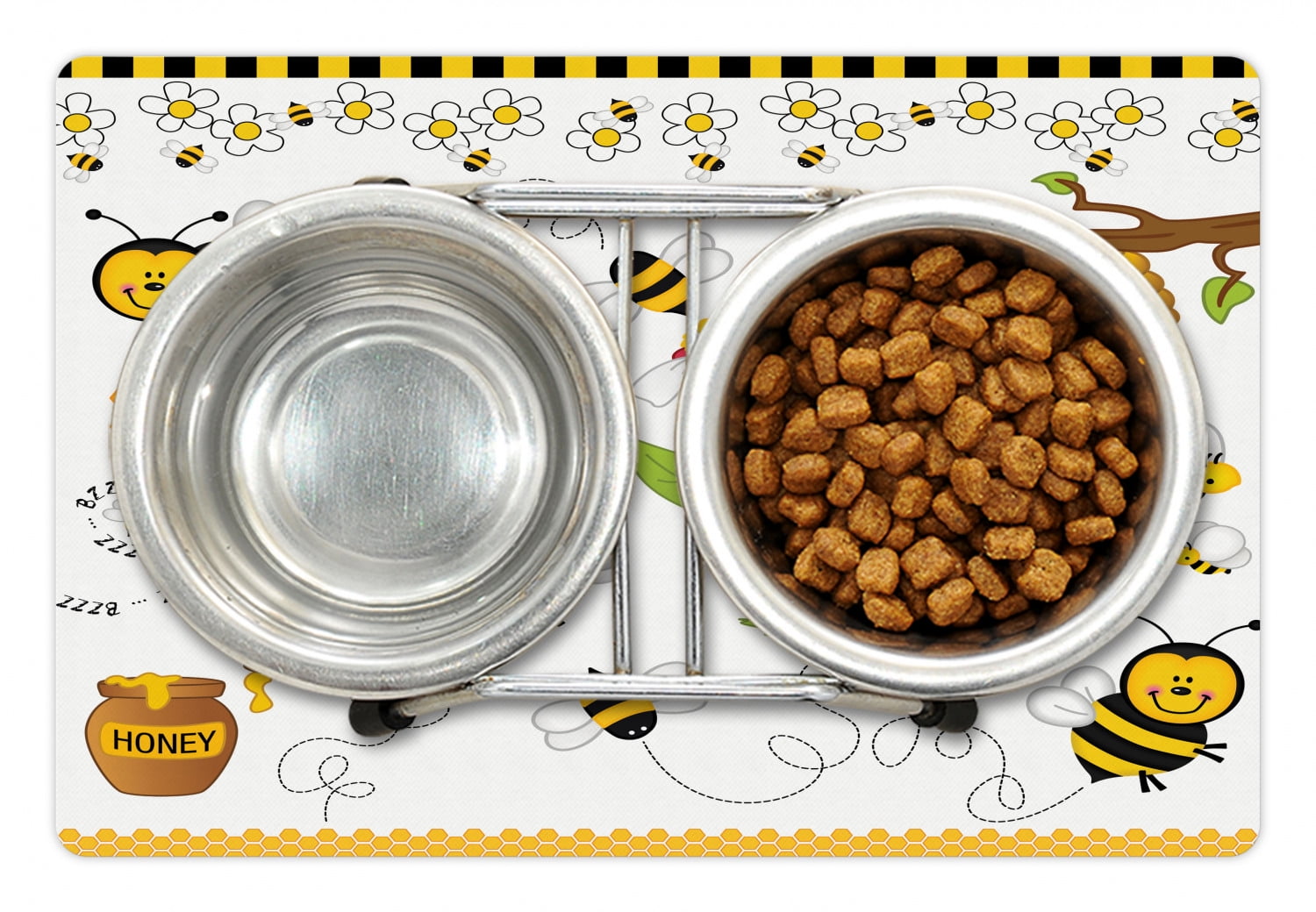 Collage Pet Mat for Food and Water, Flying Bees Daisy Honey Chamomile ...