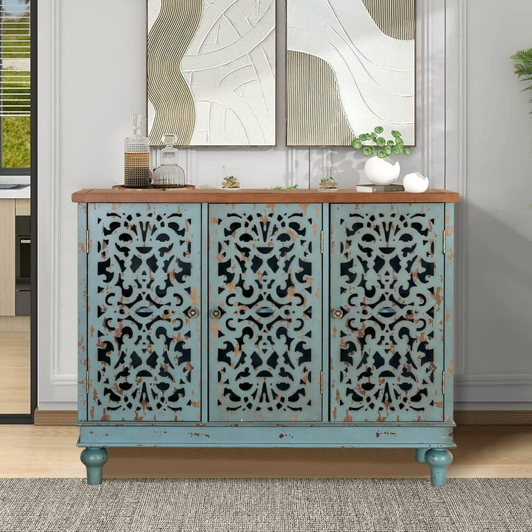 Retro Antique Hollow carved 3 Door Storage Cabinet Blue