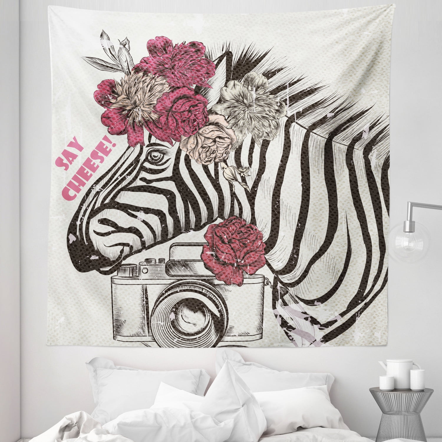 Camera Tapestry, Zebra with Floral Head Say Cheese Lettering Exotic ...