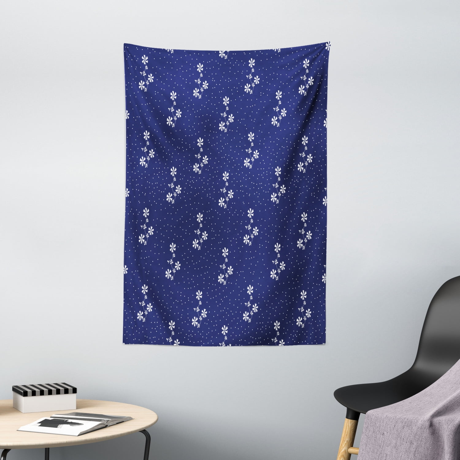 Navy Blue Decor Tapestry, Floral Pattern Design Cute Little Dots and ...