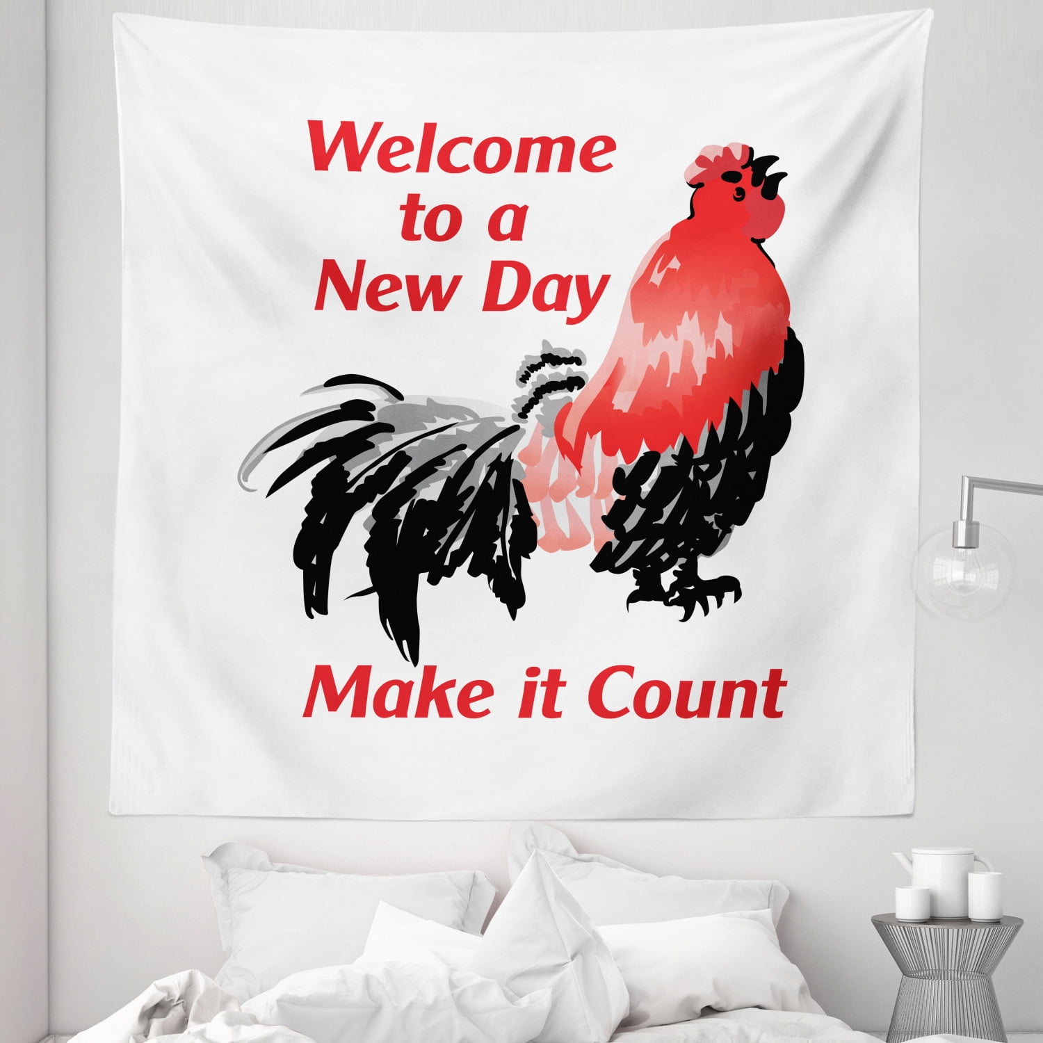 Rooster Tapestry, Welcome to a New Day Make It Count Lettering ...