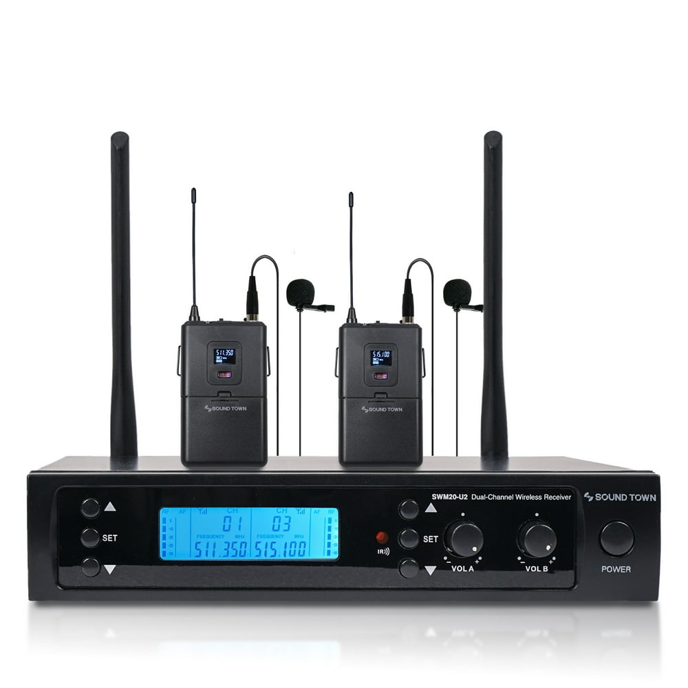 Sound Town 200-channel Professional UHF Wireless Microphone System with 2 Lavalier Mics, for ...