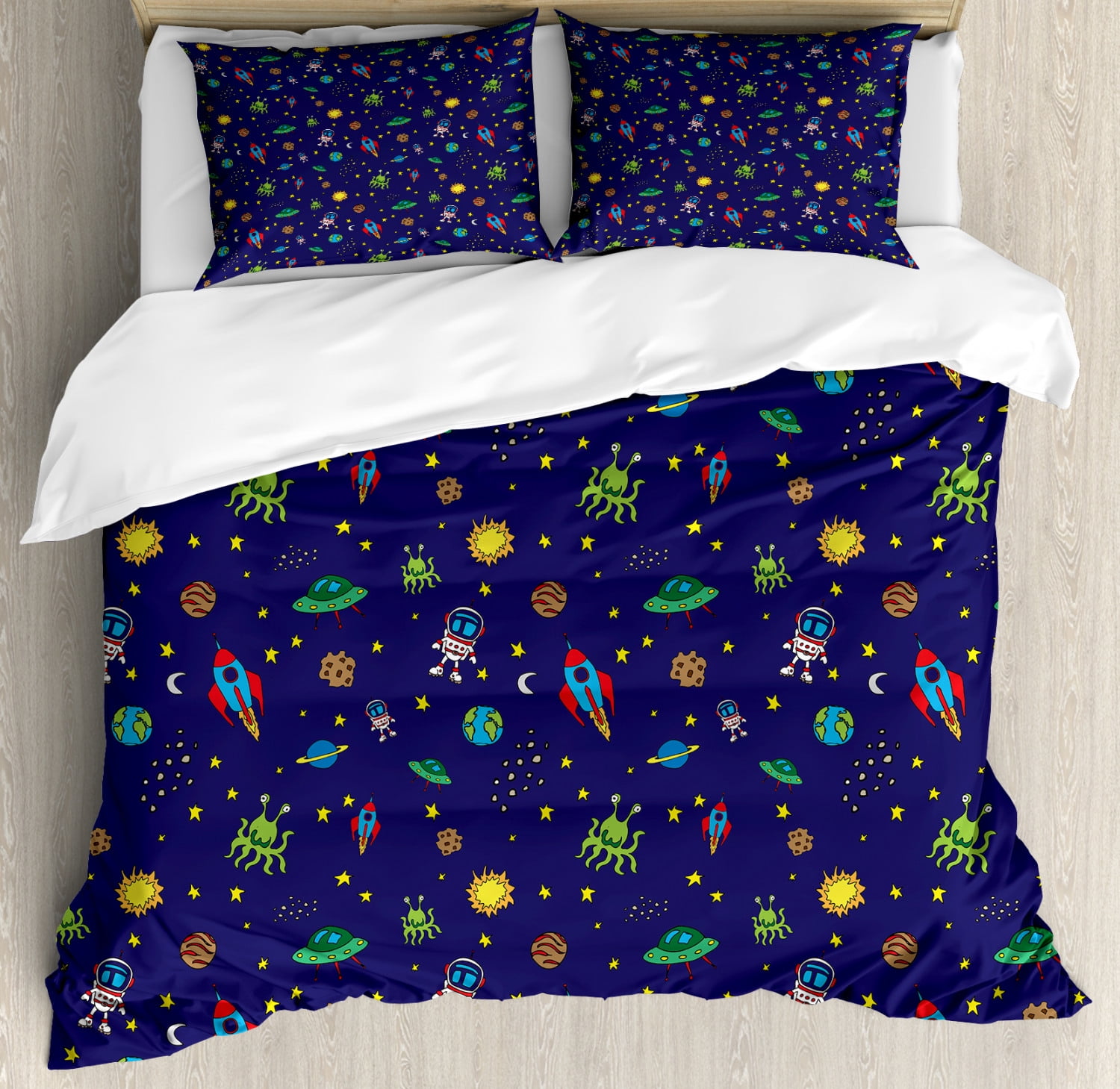 Space Duvet Cover Set King Size, Doodle Style Cartoon Rocket Astronaut ...