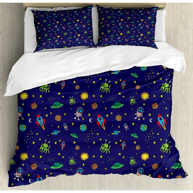 Space Duvet Cover Set King Size, Doodle Style Cartoon Rocket Astronaut ...