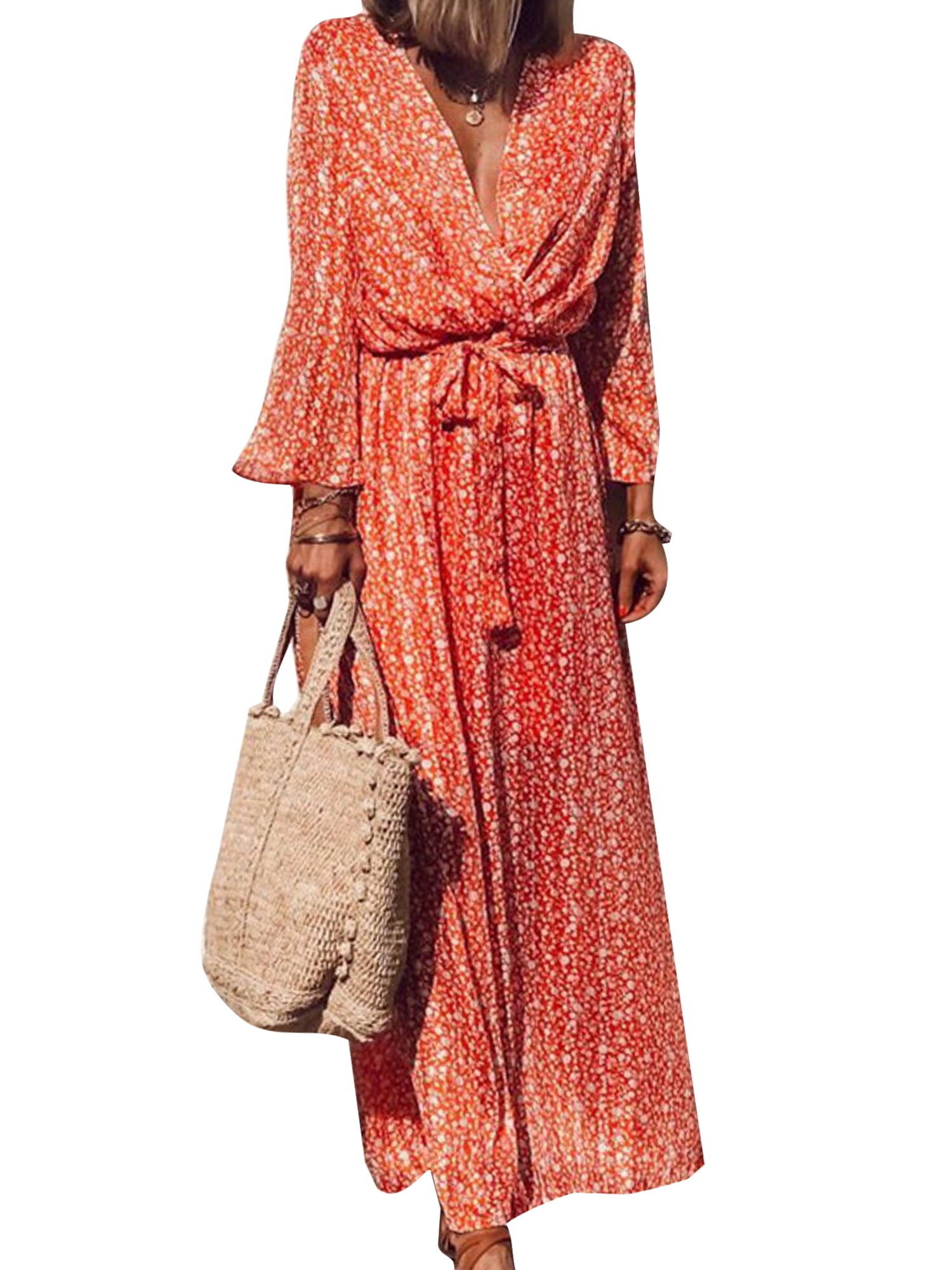 Frontwalk Women Long Sleeve Vintage Wrap Dress Floral Print V-neck Maxi ...