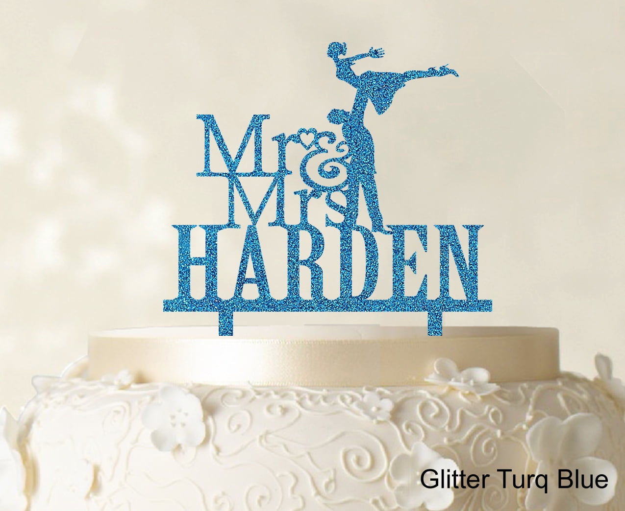 "Mr & Mrs Wedding Cake Topper Personalized Glitter Turquoise Blue Cake ...