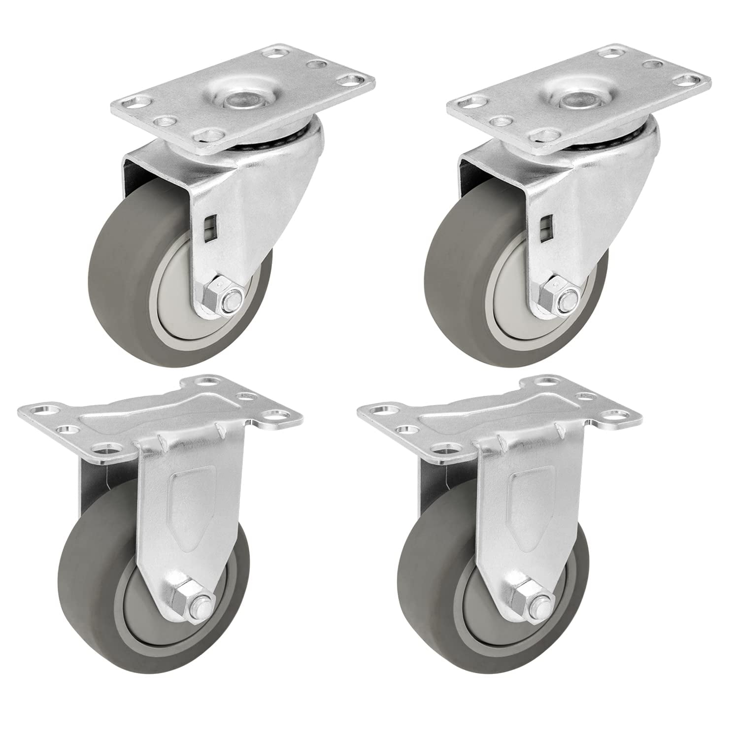 SY America 4" 4 Pack Plate Caster, Rubber Gray Swivel Rigid Caster, Top ...