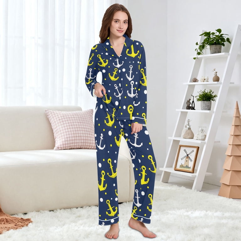 Yellow White Anchor Pattern Women Pajama Set Soft Notch Collar Button ...