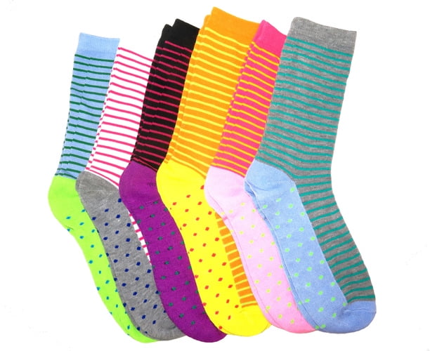 Fun & Colorful Two-Tone Stripes & Dotes Assorted 6 Pack Crew Socks ...