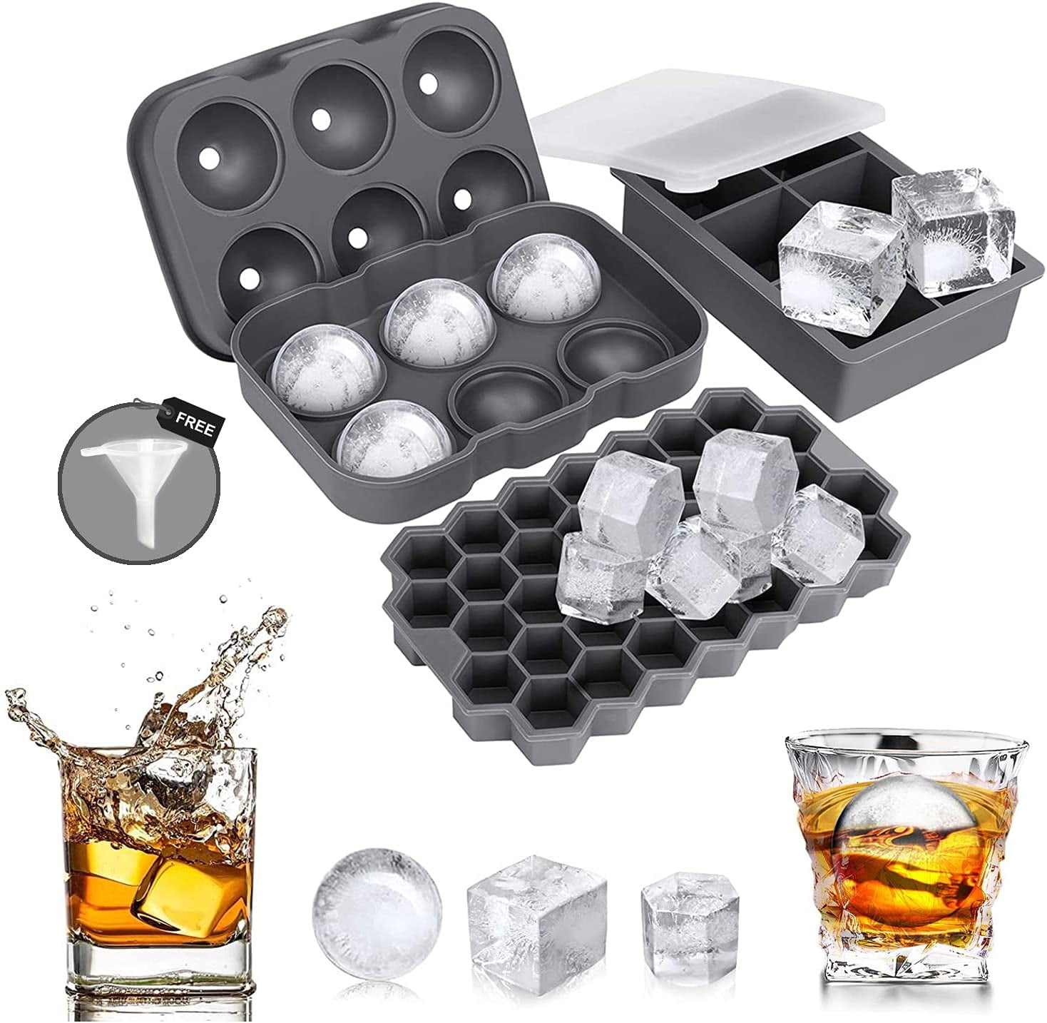 Ice Cube Trays, 3 Pack BPA Free Silica Ice Block Trays with Lid, Ball ...