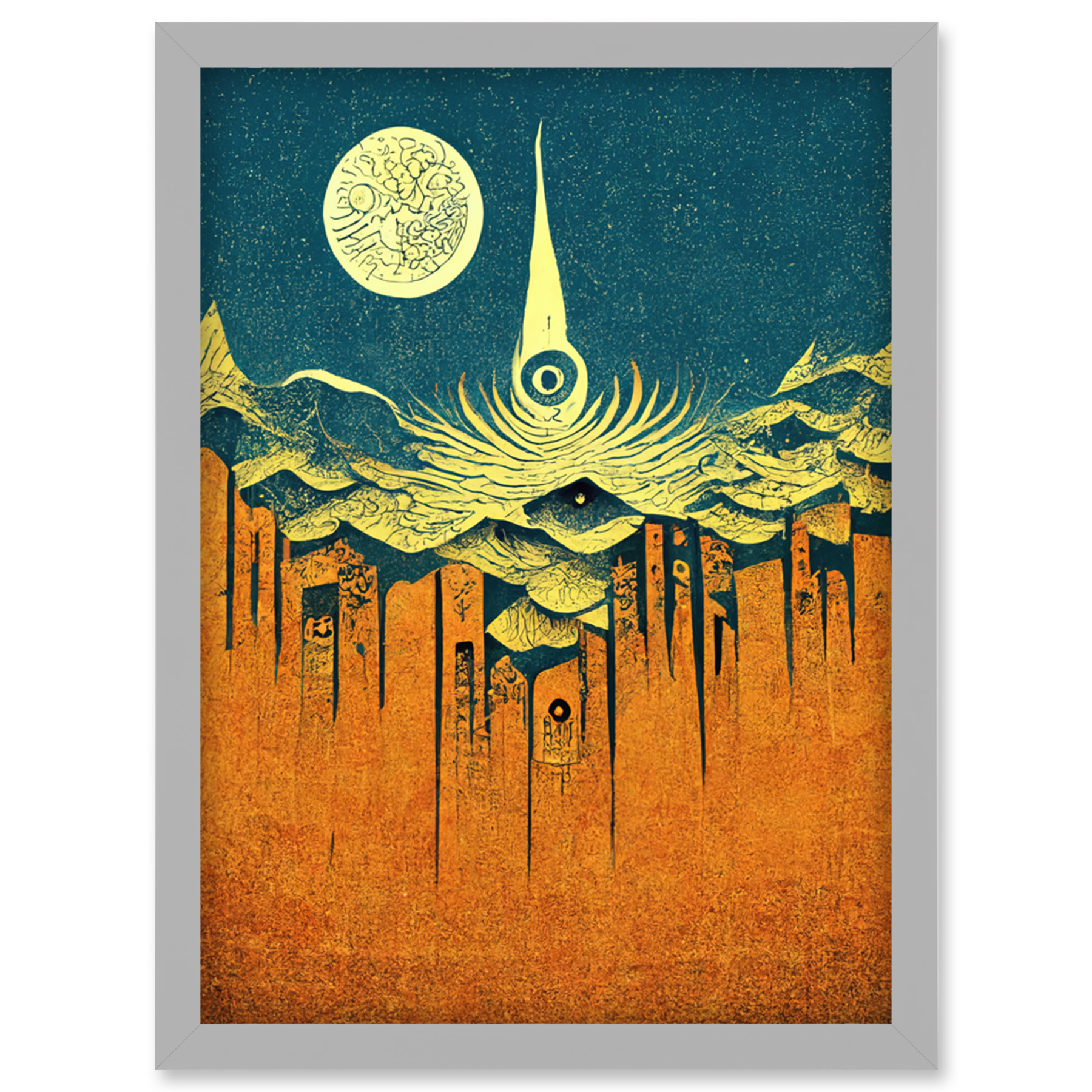 Conceptual Abstract Gold Landscape Full Moon Linocut Artwork Framed ...