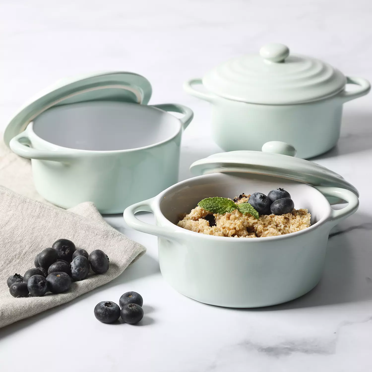 Kook Mini Cocotte Casserole Dishes with Lids, 12 oz, Set of 4, Aqua ...